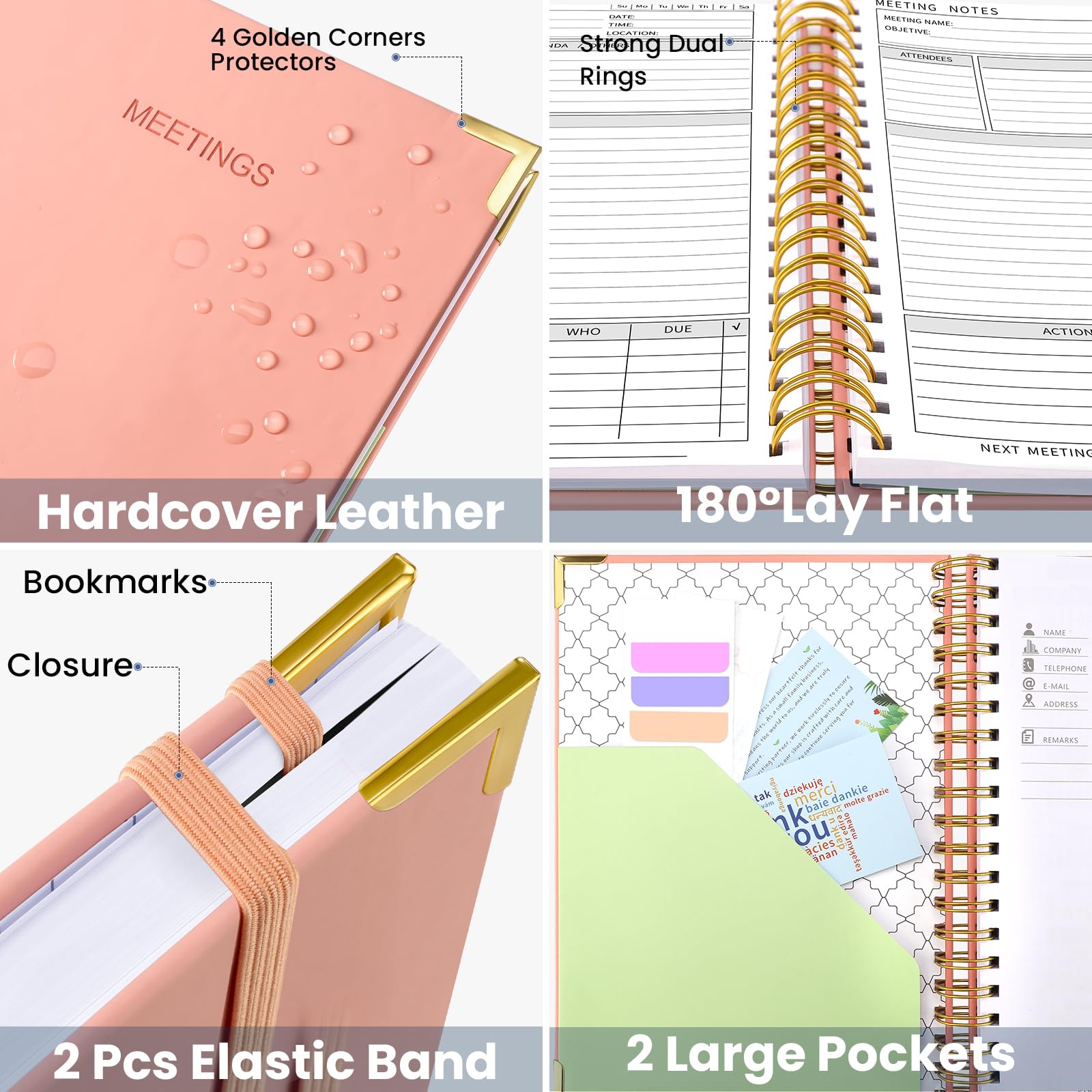 Meeting Notebook, 240 Page Hardcover Leather Notebooks for Work, Professional B5 Notebook with Action Items, 24 PCS Sticky Tabs for Organizer Notebook, Project Planner Notebook for Women Men, Black