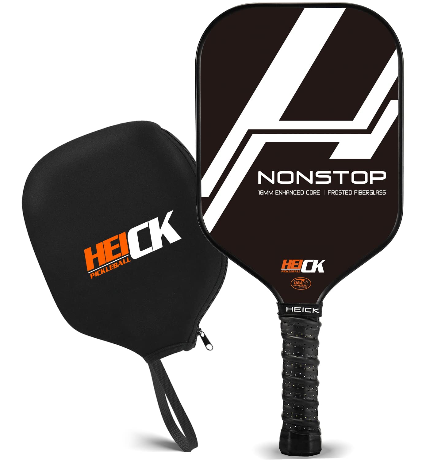 Pickleball Paddle, Spin Grit, USAPA Approved, Fiberglass Face,16MM Thick Honeycomb Polymer Core,5.6 inch Long Handle-HEICK Nonstop
