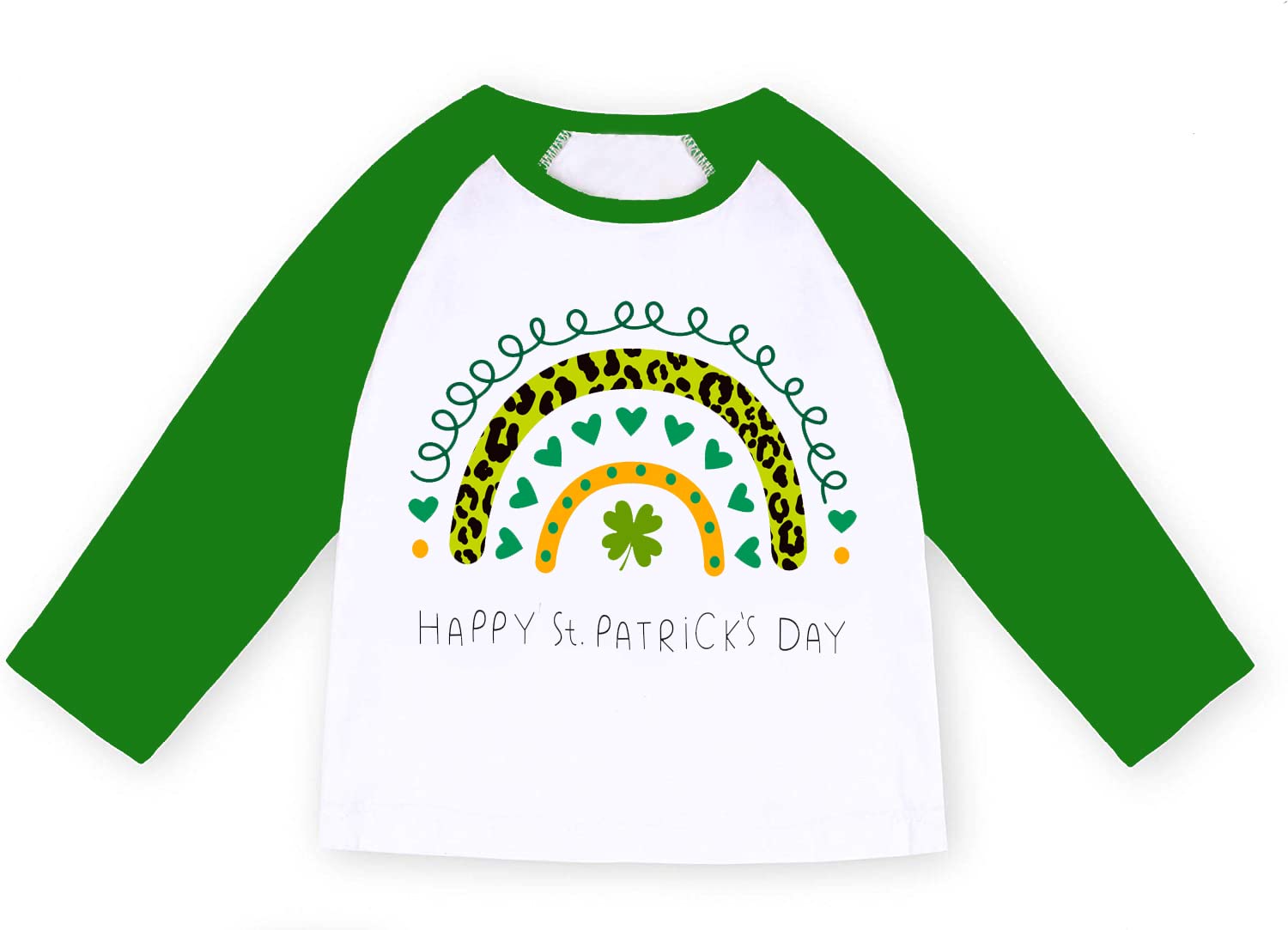 St Patricks Day Shirt for Toddler Boy Girl Green Clover Shamrock Leopard Print Raglen Long Sleeve Outfits Tops 100% Cotton Kids Clothes Tshirt 5T