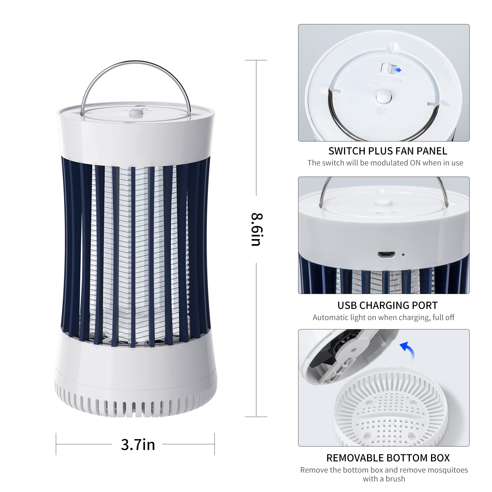 Phosooy 2-in-1 Indoor Electric Bug Zapper with Fan, Chargeable 1500V High Voltage Mosquitoes Killer with Hanger, Small Fly Insects Lamp Trap Catching Moth Gnat Fruit Flies, White