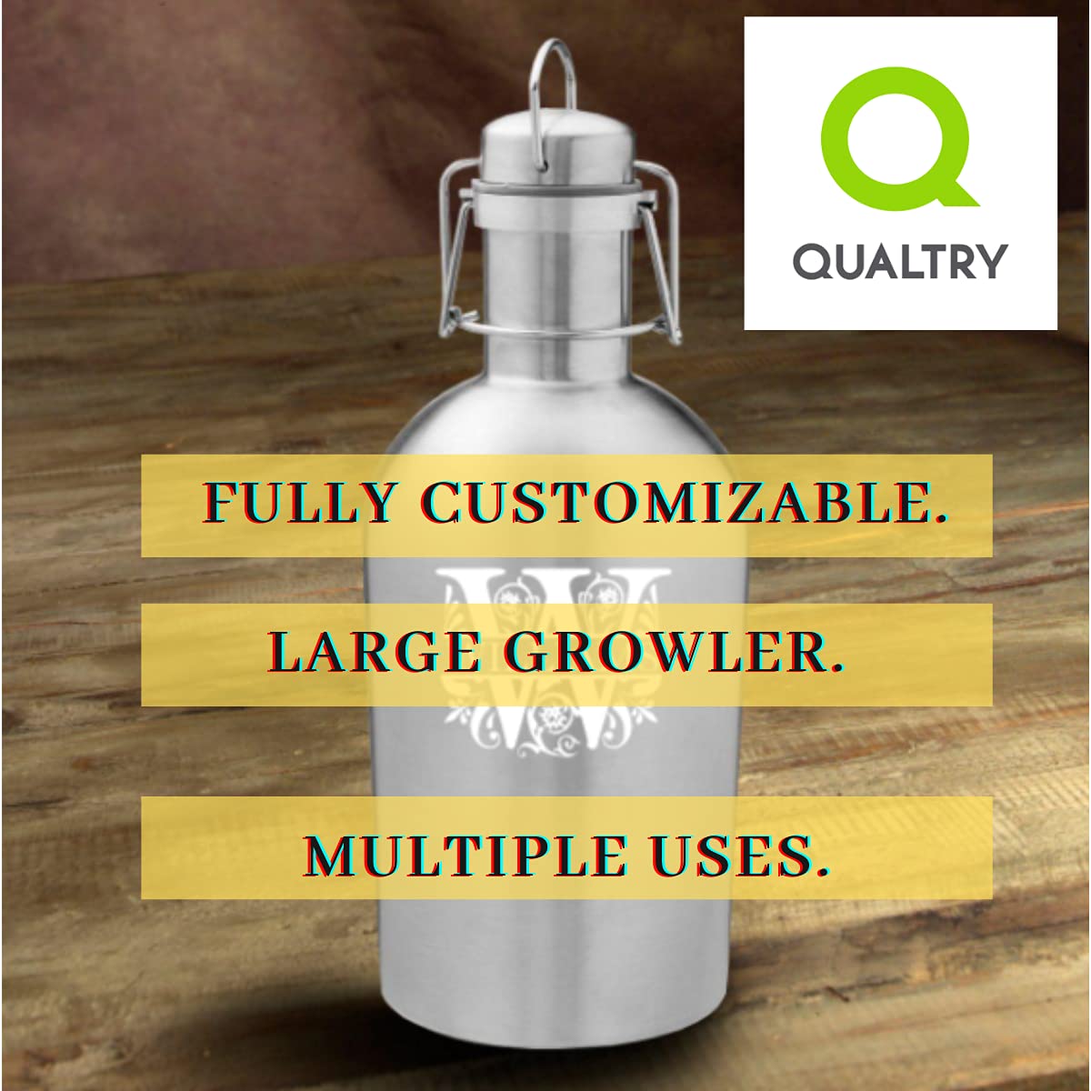 Personalized Beer Growler (Silver, Modern Design), 64 oz Stainless Steel Single Wall Bottle Ideal for Camping, Travel - Unique Gift Idea