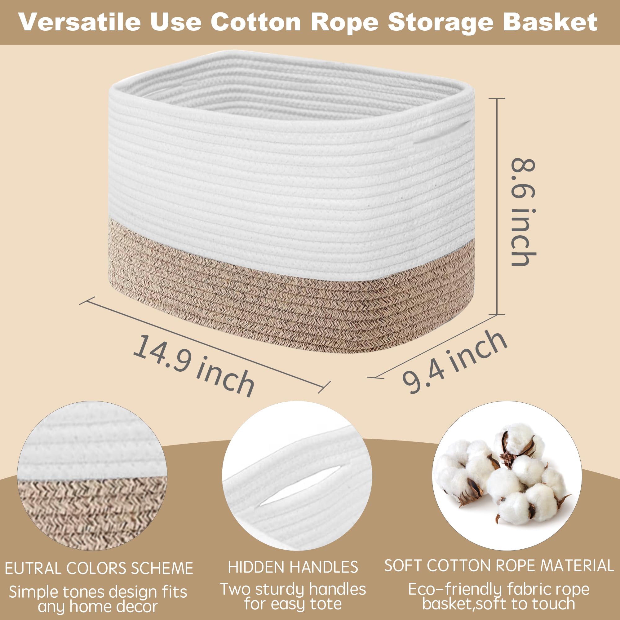 MEGASKET 3-Pack Storage Baskets for Shelves, 14.9'' x 9.4'' x 8.6'' Cotton Rope Woven Storage, Wicker Organizing, Kids Dog Toy Baskets, Decorative Baby Nursery Cube Bins Brown