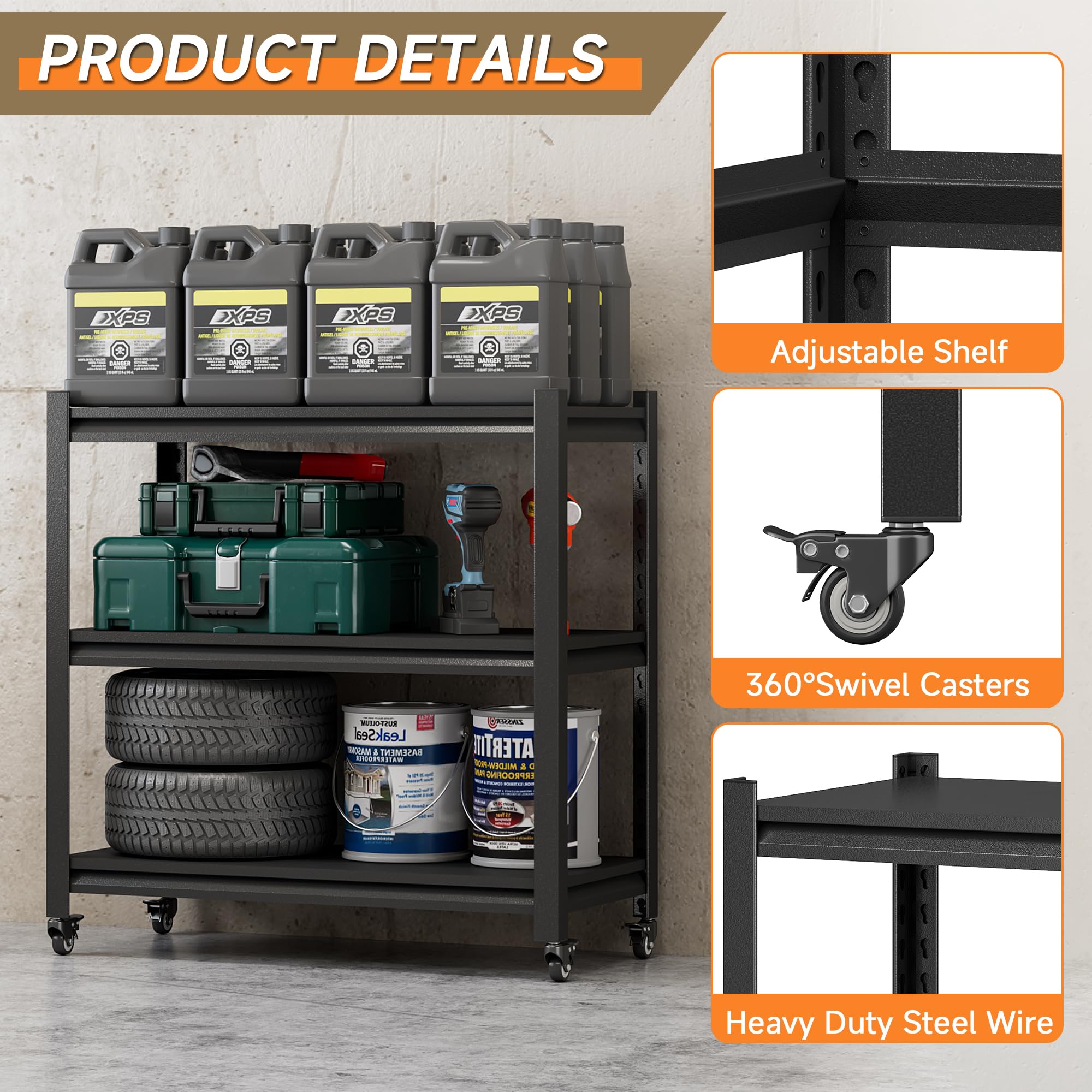 Topass Storage Shelves, Bakers Rack with Wheels, 3-Tier Metal Shelving Unit with Wheels for Kitchen Garage Office, Kitchen Stand with Adjustable Rack (18" D x 34" W x 32" H)
