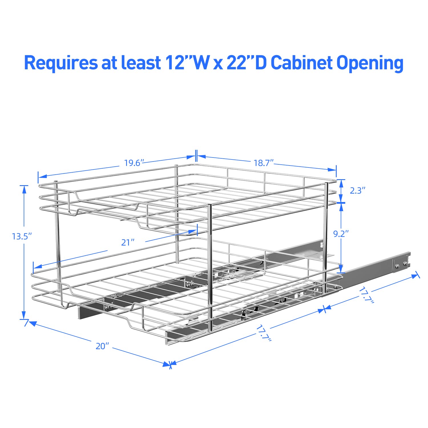 Lxmons 2 Tier Pull-out Cabinet Organizer, 20" W x 21" D Kitchen Under Sink Organizer, Slide Out Home Spice Rack Storage for Pots and Cans, Drawer Pantry Shelf Organization for Bathroom Base, Chrome