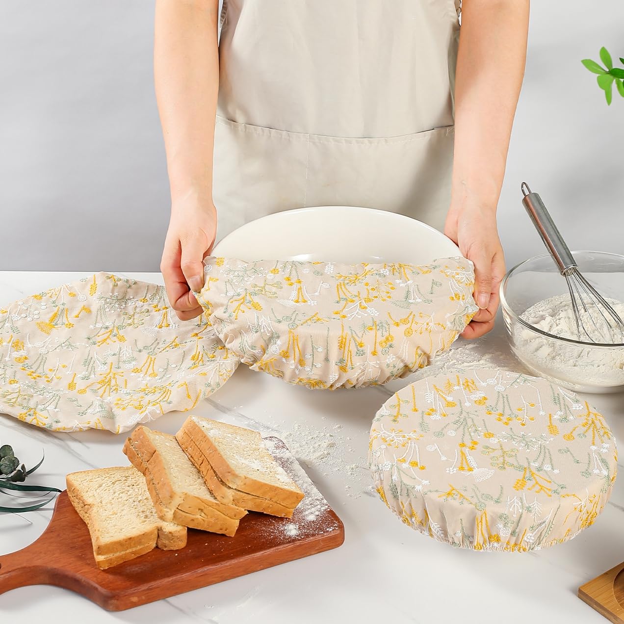 Slyitokbhr Reusable Bowl Covers for Bread Proofing Baking Embroidered Dandelion Linen Cotton Cloth Fabric Washable with Elastic Cover for Food Fruit Salad Eco-friendly (Beige Dandelion)