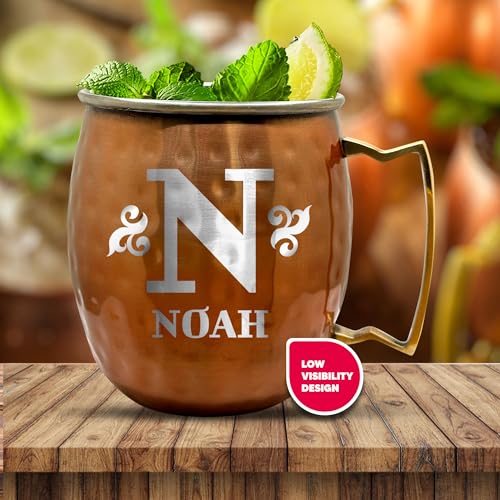 Personalized Custom Brown Mug Hammered Finish Moscow Mule with Brass Handle | Bold Monogram Engraved Bar Style Cup, 18 oz | Set of 4