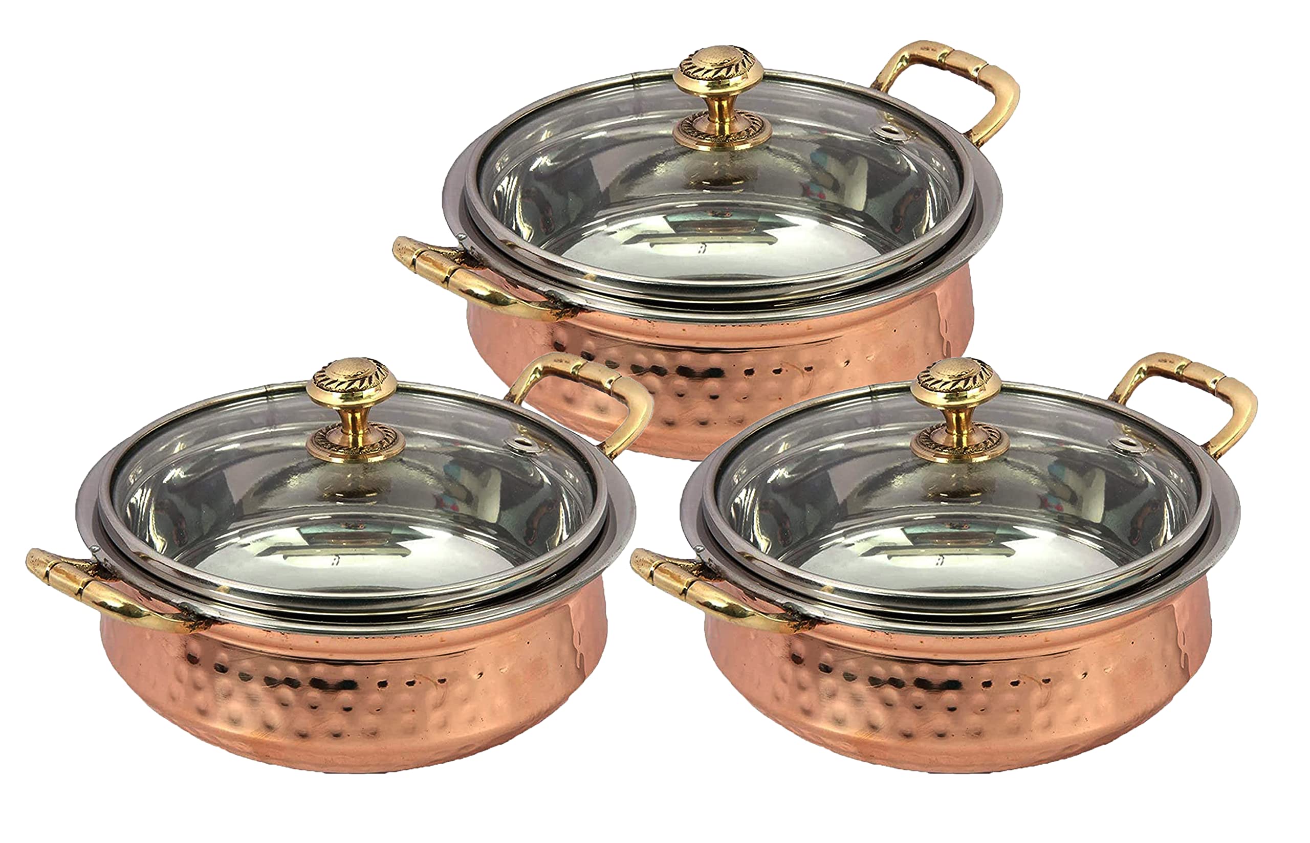 PARIJAT HANDICRAFT Indian Hammered Copper Serving Bowl for Food Soup with Handle and Glass Lid Decorative Small Seveware Pack of 6