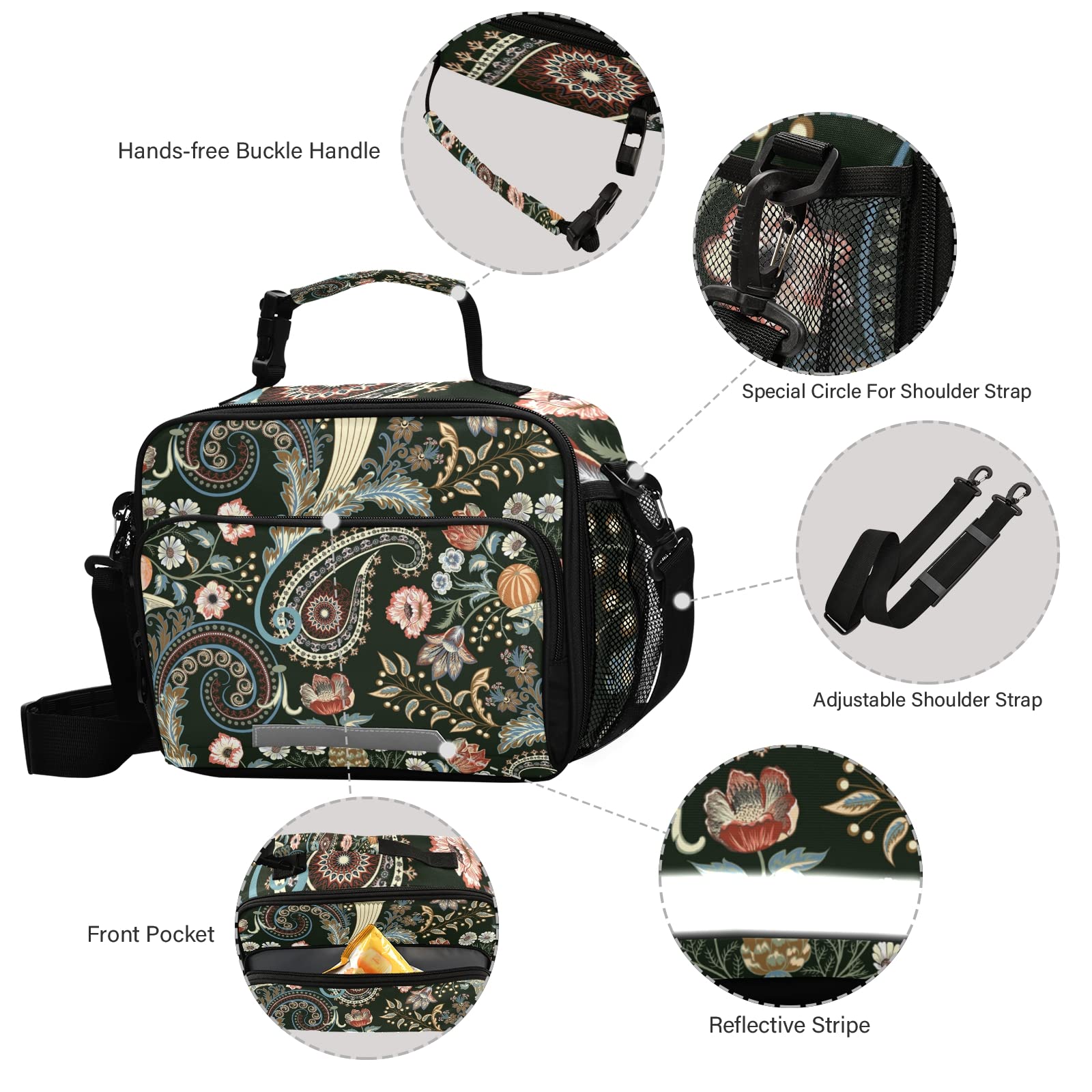 panksolu Paisley Flowers Floral Lunch Bag, Insulated Lunch Box with Adjustable Shoulder Strap Cooler Tote Bag for Men Women Kids Teens