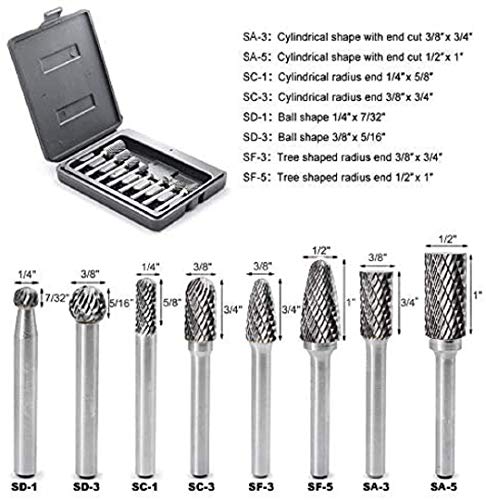 YUFUTOL Carbide Burr Set with 1/4''(6.35mm) Shank 8pcs Double Cut Solid Carbide Rotary Burr Set for Die Grinder Drill, Metal Wood Carving, Engraving,Polishing,Drilling