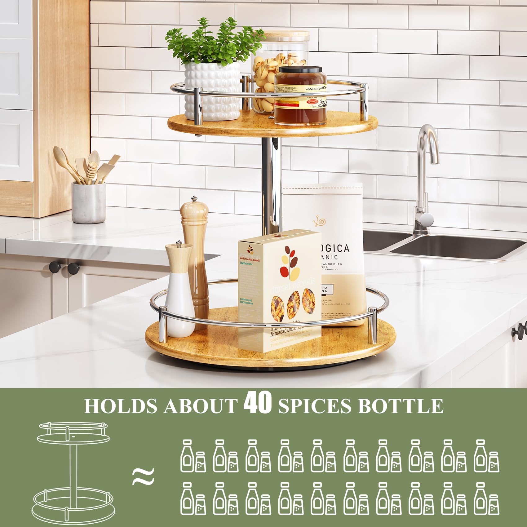 Lazy Susan Organizer - 2 Tier Rotating Spice Rack for Cabinet, Wood Lazy Susan Turntable for Pantry Kitchen Countertop, 12-inch Kitchen Spice Storage