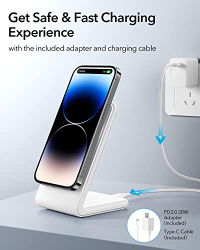 Meifigno Magnetic Wireless Charger for iPhone 15/14/13/12 Series, Fast Charging with PD3.0 20W USB-C Adapter & Charging Cable MagSafe Charger Stand for iPhone 15 14 13 12 Pro Max Plus Mini, White