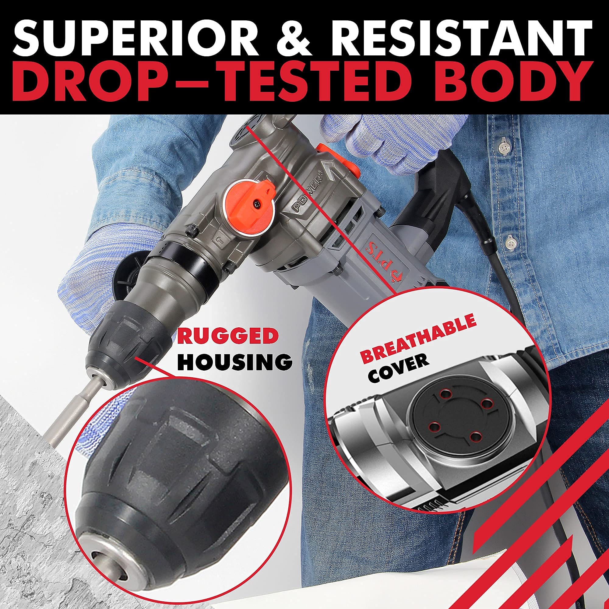 PTS Corded Rotary Hammer Drill 1”26mm 10Amp 110V Combination Rotary Hammer | SDS Plus | 3 Modes | 2x Brushes, Oil Cap Wrench, Grease, 3x Drills, 2x Chisels‚ and Case Set