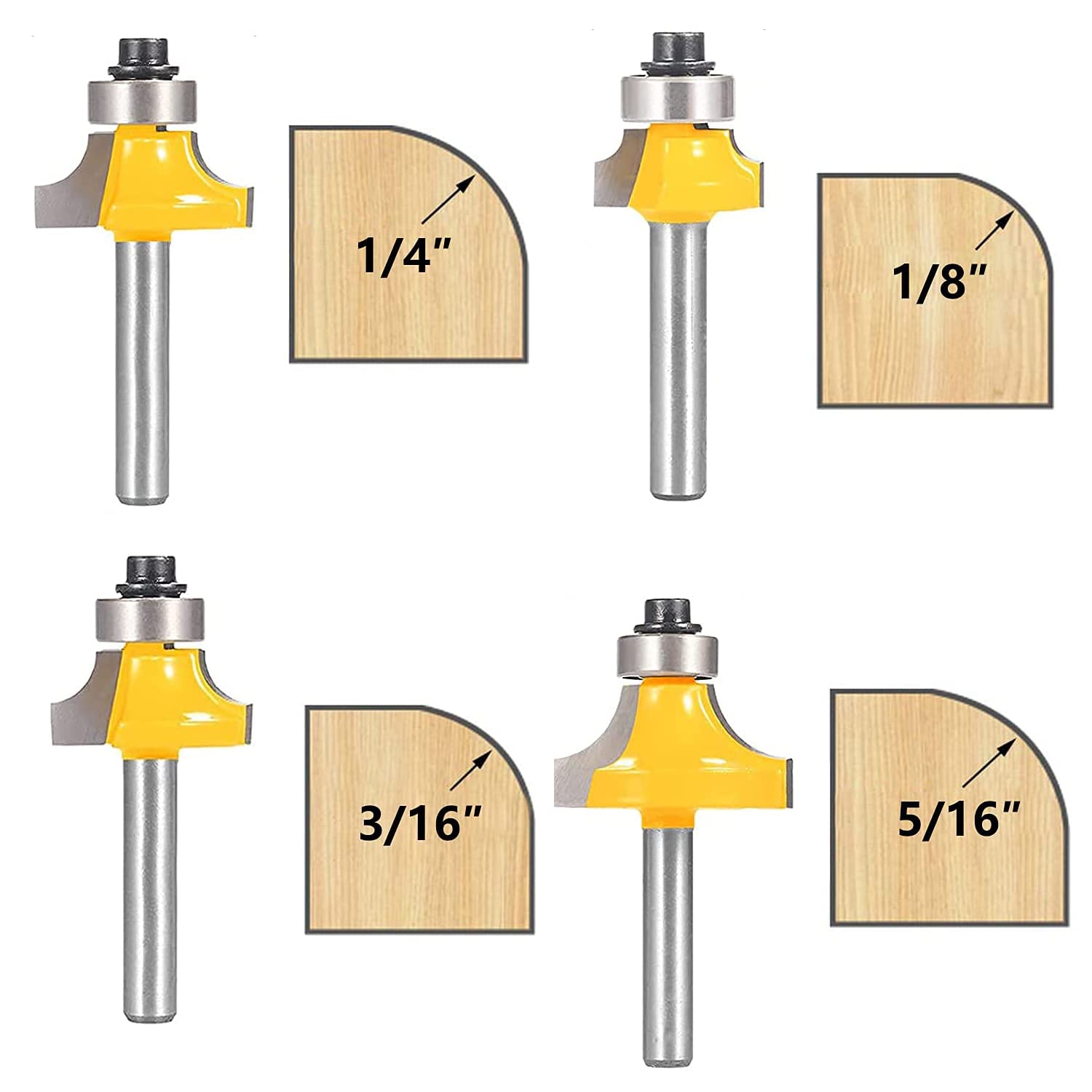 Roundover Router bit Set by TOOLDO ,1/4 inch Shank,4pcs Router bit Set,Bearing Guide for Rounding Edge bit (for R 1/8", 1/4", 3/16", 5/16")