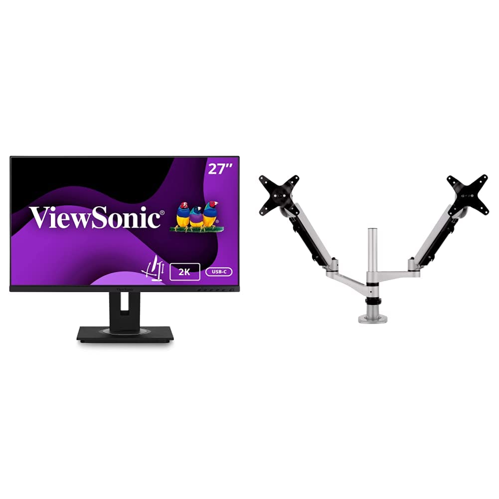 ViewSonic VG2756-2K 27 Inch IPS 1440p USB-C Docking Monitors and LCD-DMA-002 Spring-Loaded Dual Monitor Mounting Arm with Vesa Mount