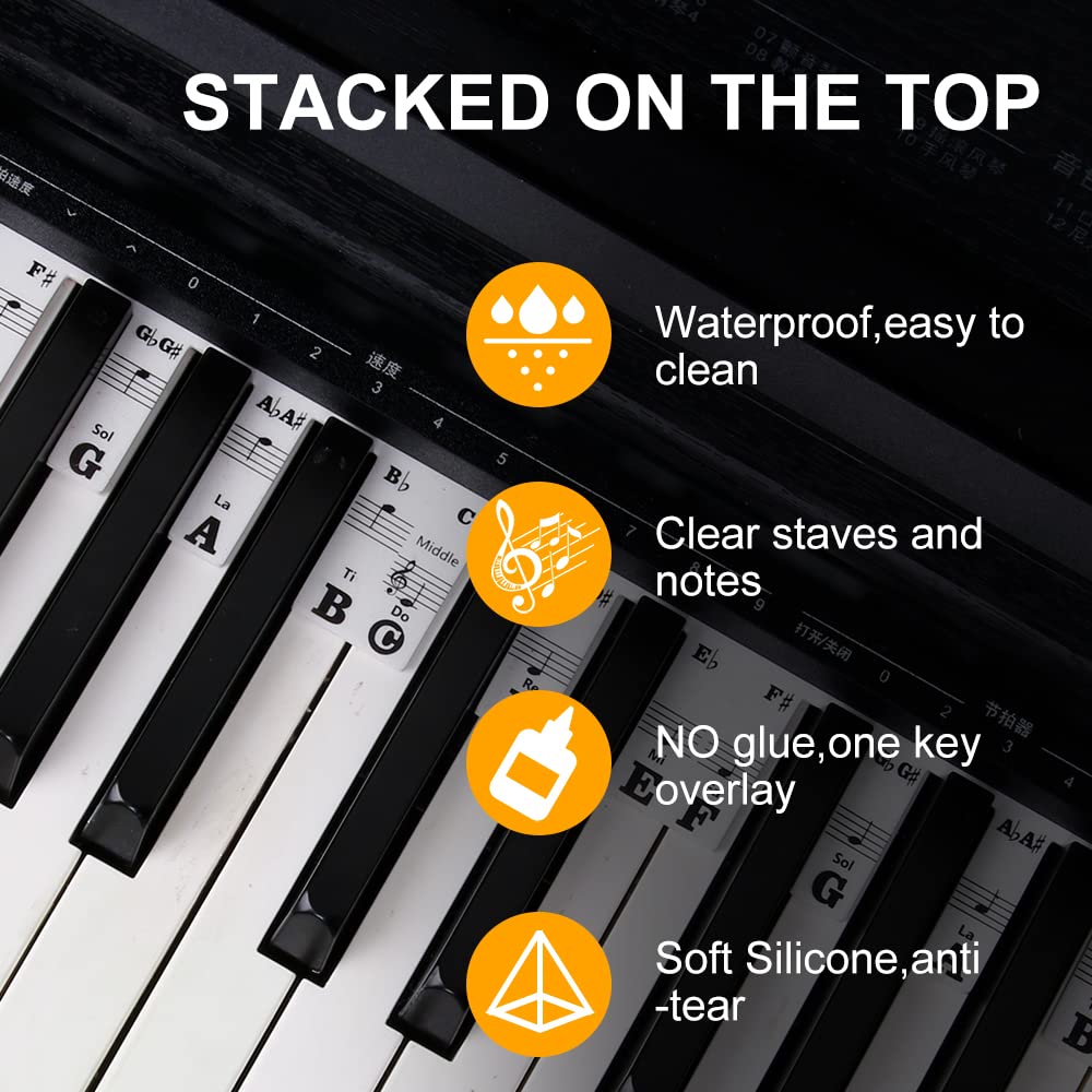 Piano Stickers,Silicone Piano Keyboard Stickers for Beginners, Removable Piano Keyboard Note Labels for Kinds Learning, Full Size Keyboard 88 Keys Reusable Instantly Double Staff Display