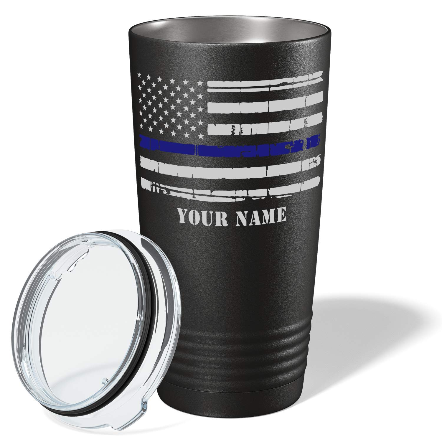 Personalized Distressed Thin Blue Line Flag Police Officer on Black 20 oz Tumbler with Lid - Law Enforcement Gift - Insulated Cup - Travel Mug