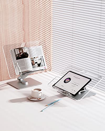 viozon Acrylic Book Stand for Reading,Cookbook Holder, Adjustable Height&Angle, 360° Rotating Base, Aluminum, Foldable & Portable, for Office, Kitchen, School Textbook, Recipe, Magazine,Tablet,Laptop