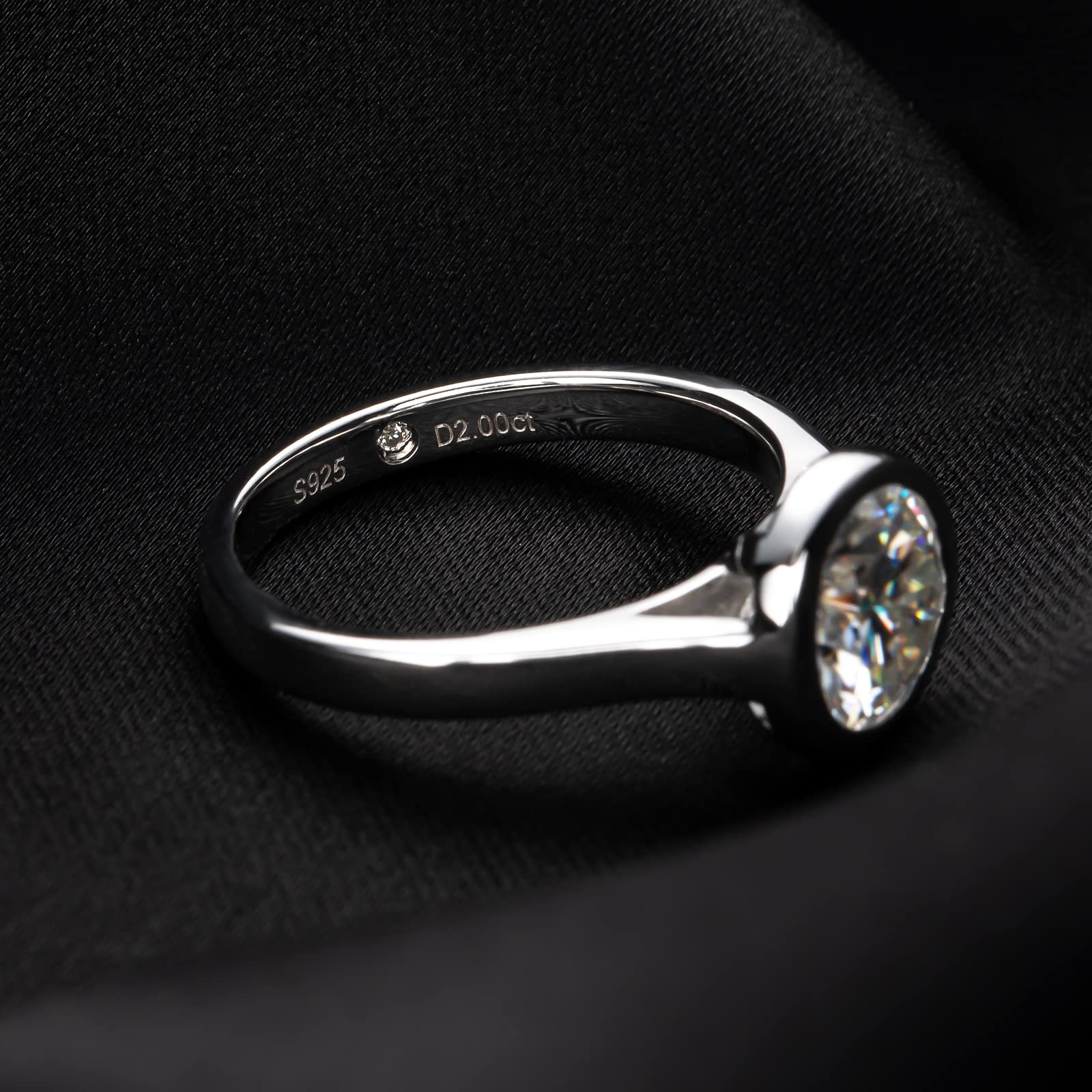 Raivari Moissanite Engagement Rings,2 CT Bezel Setting Round Lab Created Diamond Solitaire Promise Rings in 14K White Gold Plated Sterling Silver, Anniversary Rings for Women7