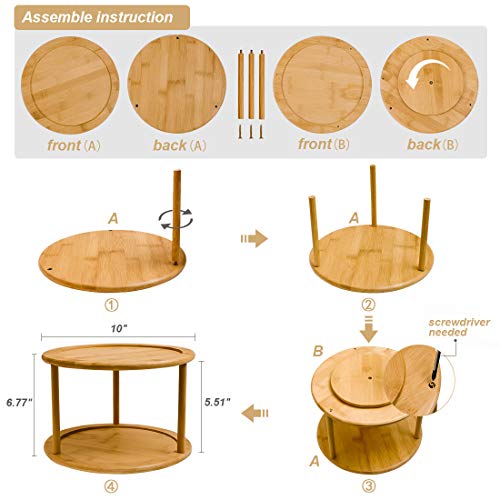Lazy Susan Turntable Spice Rack - 10 Inch 2-Tier Bamboo Kitchen Countertop Cabinet Rotating Condiments Organizer