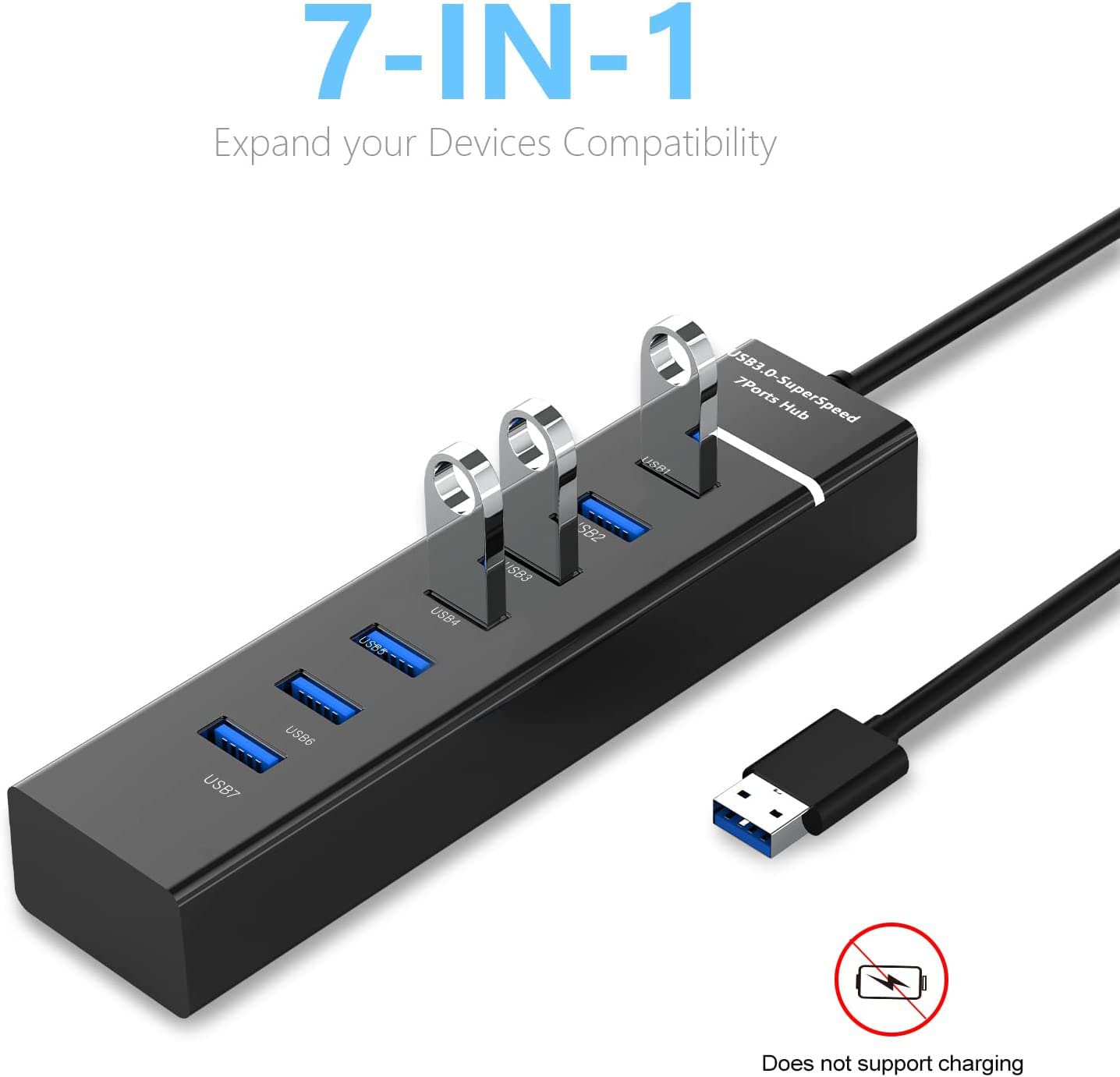 W Come Ture Data Black USB Hub Splitter 7-Port USB 3.0 Hub with 11.8 inch Long Cable Powered USB Hub for Laptop, PC, MacBook, Mac Pro, Mac Mini, iMac, Surface Pro and More