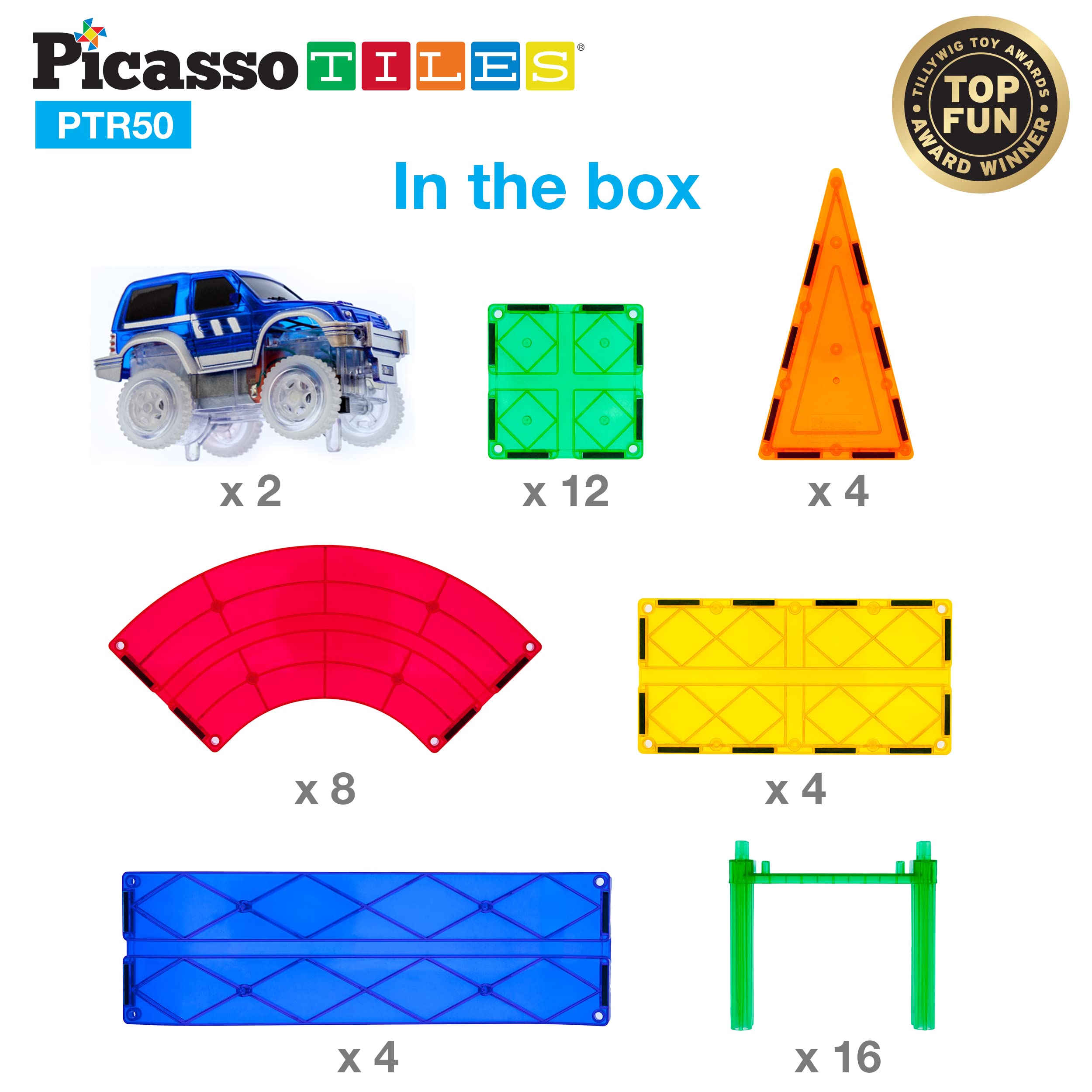 PicassoTiles 50 Piece Race Car Track + Ideabook with Over 150+ Ideas, Magnet DIY Playset 2 Light Up Car STEM Learning Kit Hand-Eye Coordination Fine Motor Skill Training, Unique Innovative Creations