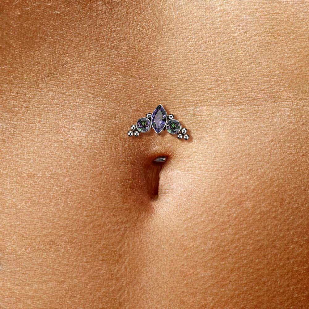Pierced Owl 14GA F136 Implant Grade Titanium Threadless Convex Base CZ Crystal Marquise and Ball Clusters Floating Belly Button Ring (Clear)