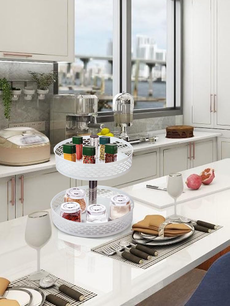 Lazy Susan Organizer, 2 Tier Rotatable Spice Rack, Spice Organizer with Suction Cup Base, Kitchen Countertop Organizer, Stainless Steel Turntable Organizer for Cabinet Bathroom Table