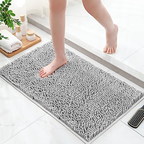 MitoVilla Light Grey Bathroom Rugs, Soft Chenille Small Bath Mats for Bathroom Non Slip, Thick Washable Plush Bath Rugs, Modern Absorbent Shower Bathroom Floor Mat, 17" x 24"