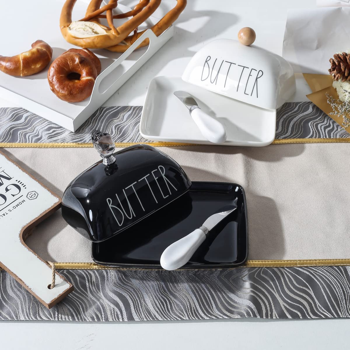 oskas Farmhouse Decorative Kitchen Countertop Porcelain Butter & Cream Cheese Dish with Lid,Butter Keeper with Cover for East West Coast Butter,White