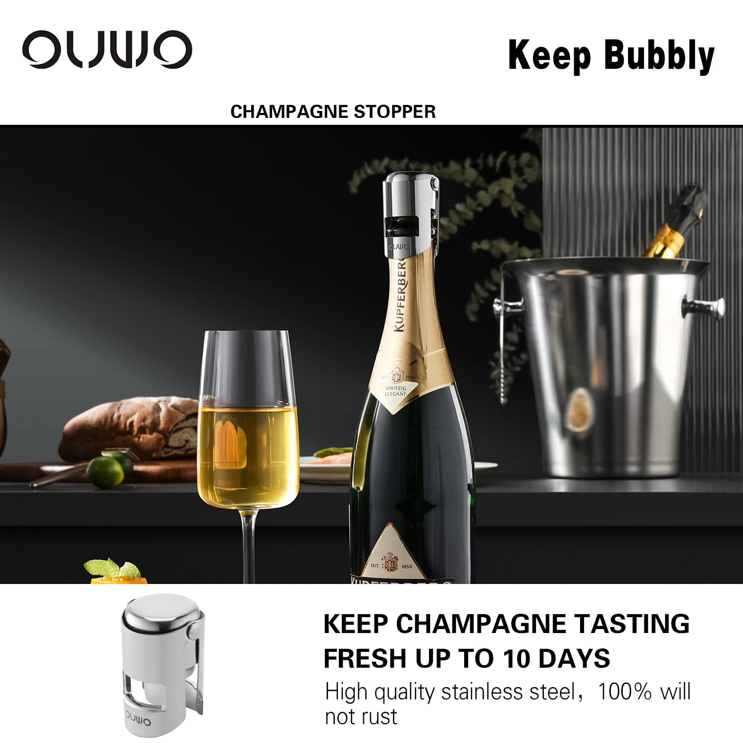 OUWO Champagne Stopper 6 Pack Stainless Steel Champagne Save with Food Grade Silicone,Leak-Proof Bubble Retaining Saver,Suitable for Champagne Prosecco Cava and Sparkling (Silver)