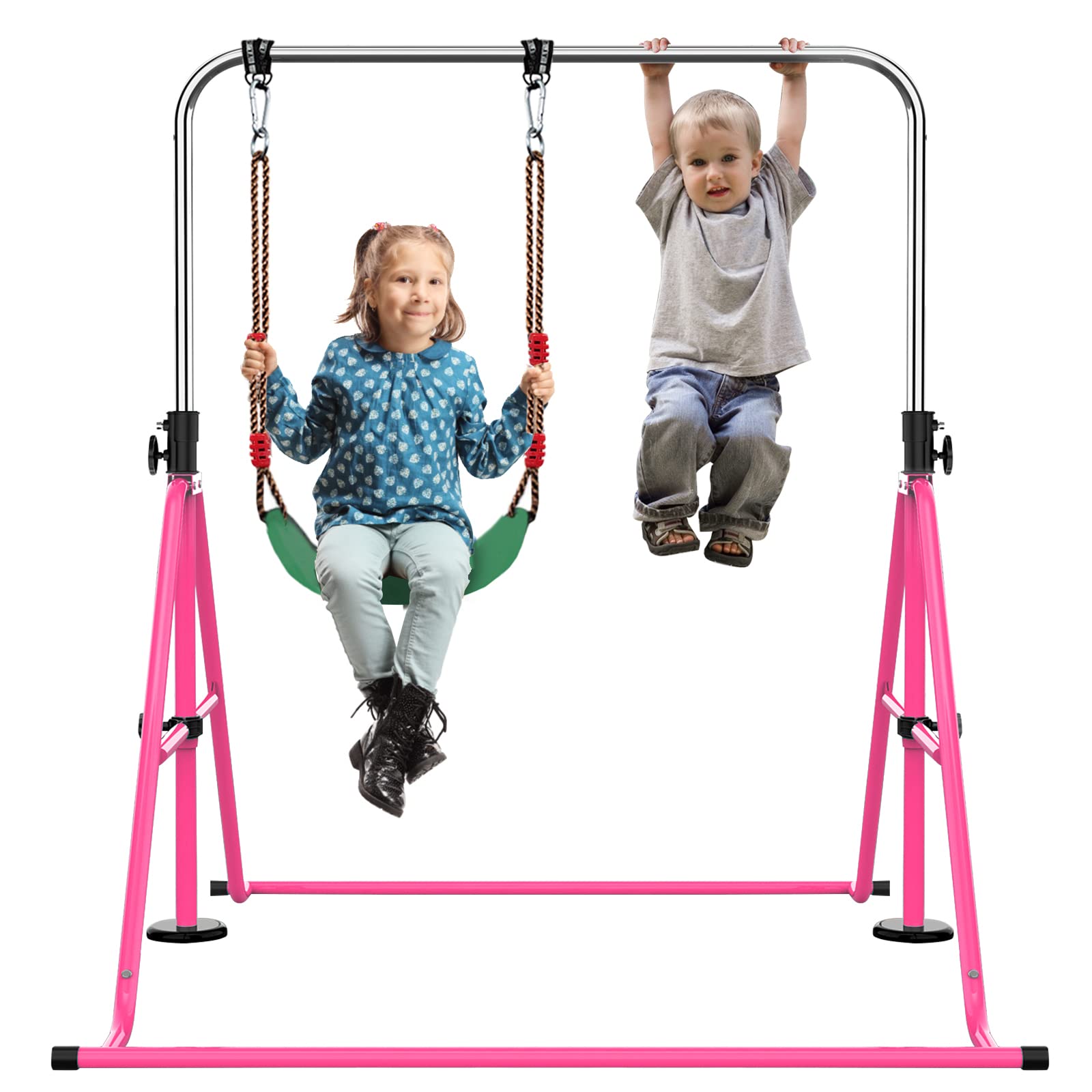 RAVS Gymnastics Bar for Kids with Swing Set, 8 Heights Adjustable Easy Folding Gymnastic Training Bar Kids Monkey Horizontal Bars - Max Load 300LBS (Small-Pink)