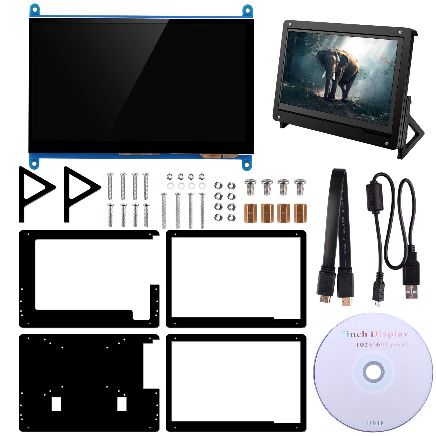 Longruner Raspberry Pi Touch Screen with Case Holder, 7 inch TFT LCD Display HDMI Module 1024x600 for Raspberry Pi 3 2 Model B and RPI 1 B+ A BB Black PC Various Systems (with Protective Case)