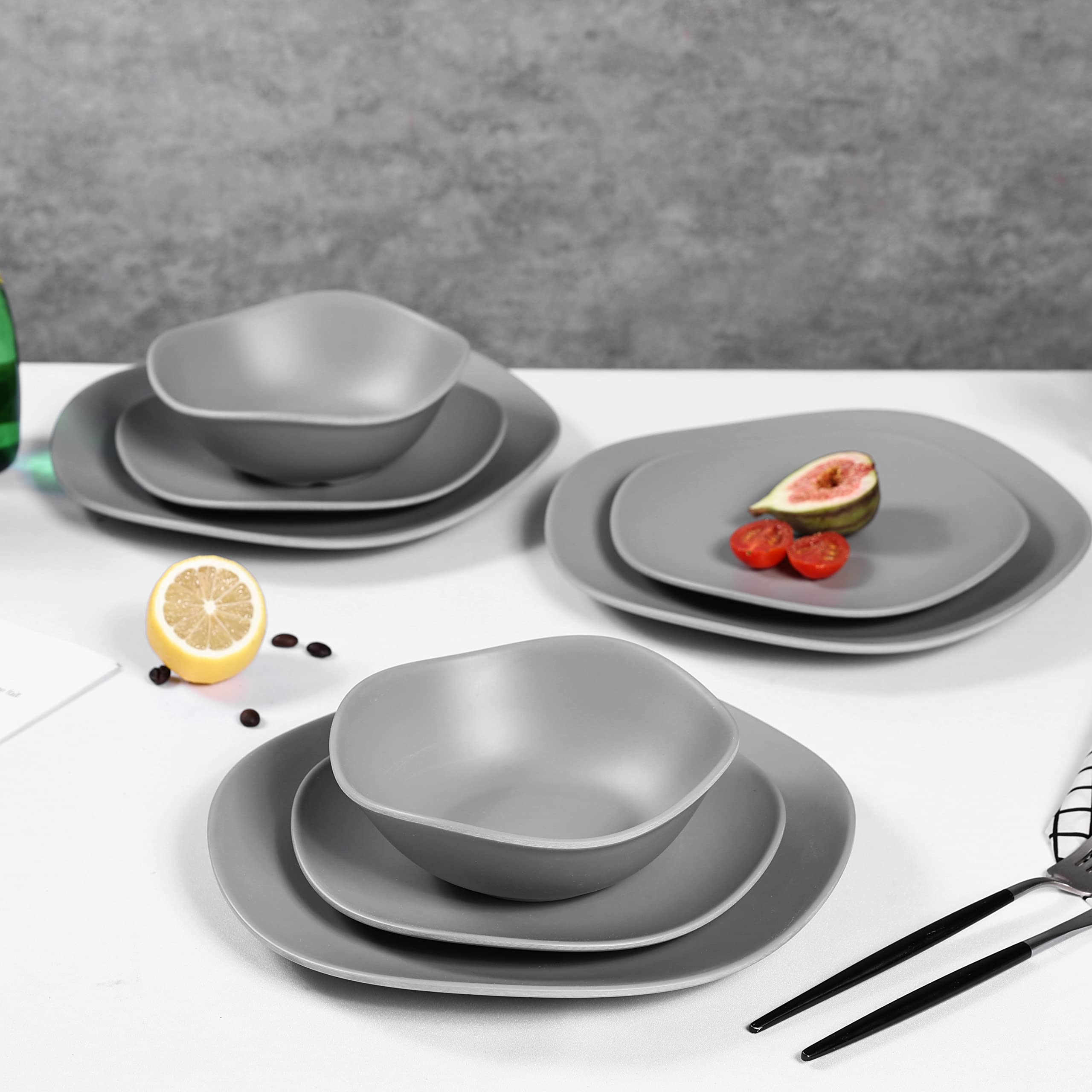 Irregular Melamine Dinnerware Sets-12 Piece Plates and Bowls Sets,Indoors and Outdoors Dinnerware,Service for 4,Dishwasher Safe,Grey