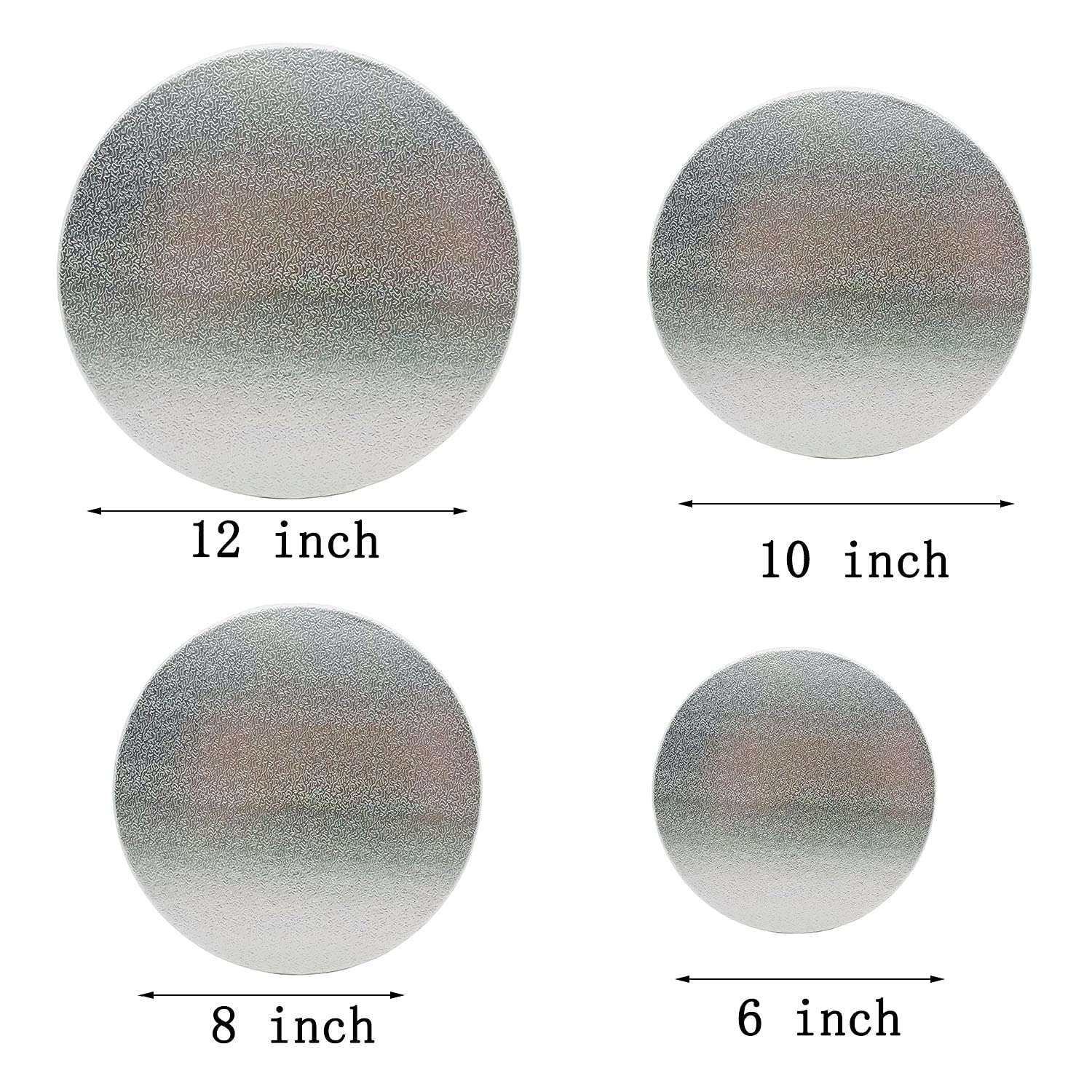 MYYZMY 4 Pack Cake Boards, 6, 8, 10, 12 Inch Round Cake Circles, Cake Base Cardboards 1 of Each Size for Cake Decorating, Silver