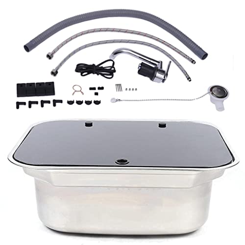 RV Sink Kitchen Bar Sink RV Stainless Steel Hand Wash Basin Sink with Folded Faucet Tempered Glass Lid Washbasin for Camper, Trailer, Caravan, RV, Home, Cafe, Bar, Boat