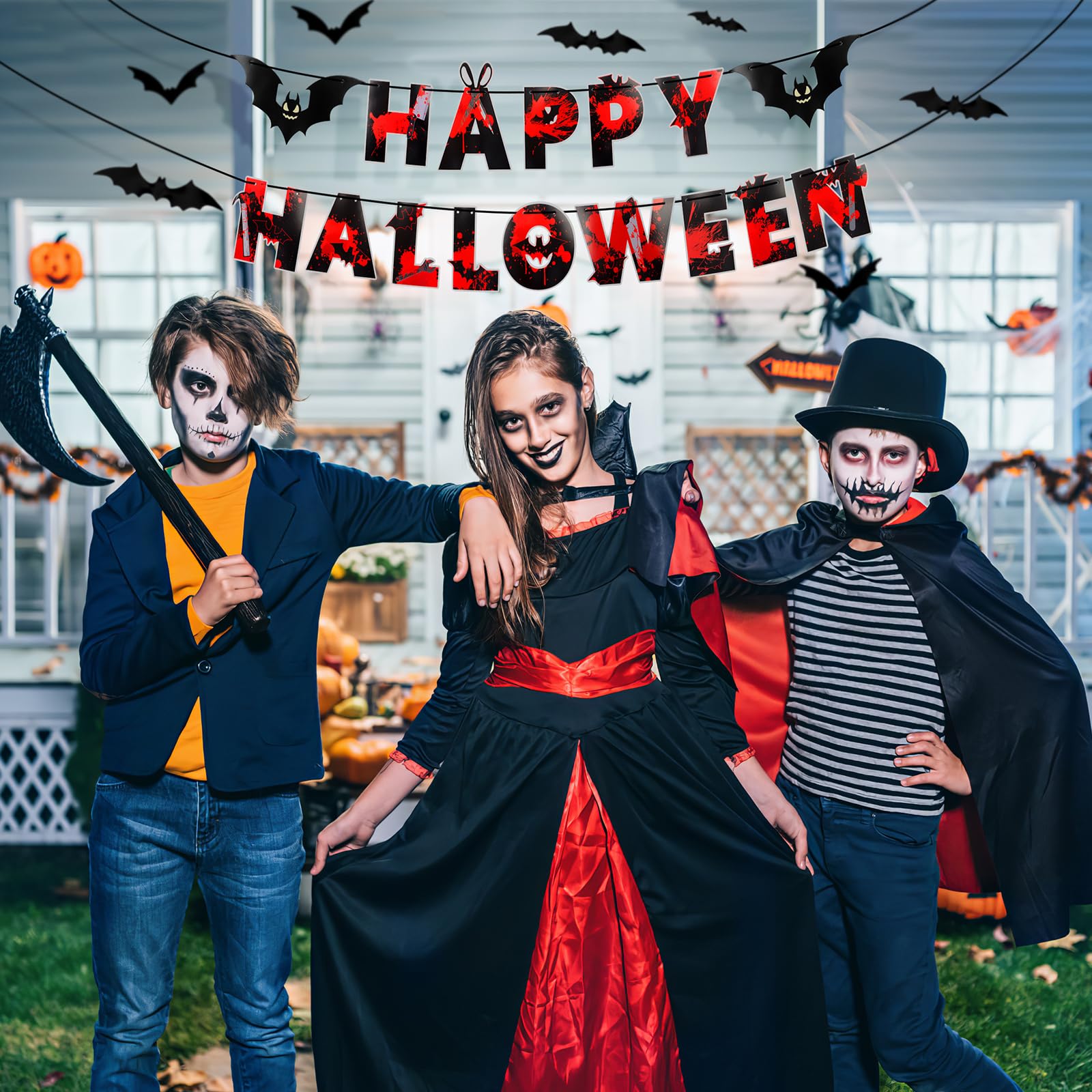 MiniRed Halloween Banner, Happy Halloween Bunting Banner with Bats, Premium Horror Halloween Party Decorations Supplies (With 12PCS 3D Bat Stickers)