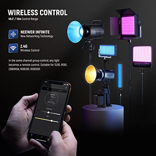 NEEWER MS60B LED Video Light 2.4G/APP Control, 65W Metal Mini Compact COB Continuous Output Lighting Spotlight 2700K-6500K, 40000lux@1m, CRI 97+/TLCI 98+, 12 Effects, PWM Dimming, Bowens Mount, Silver