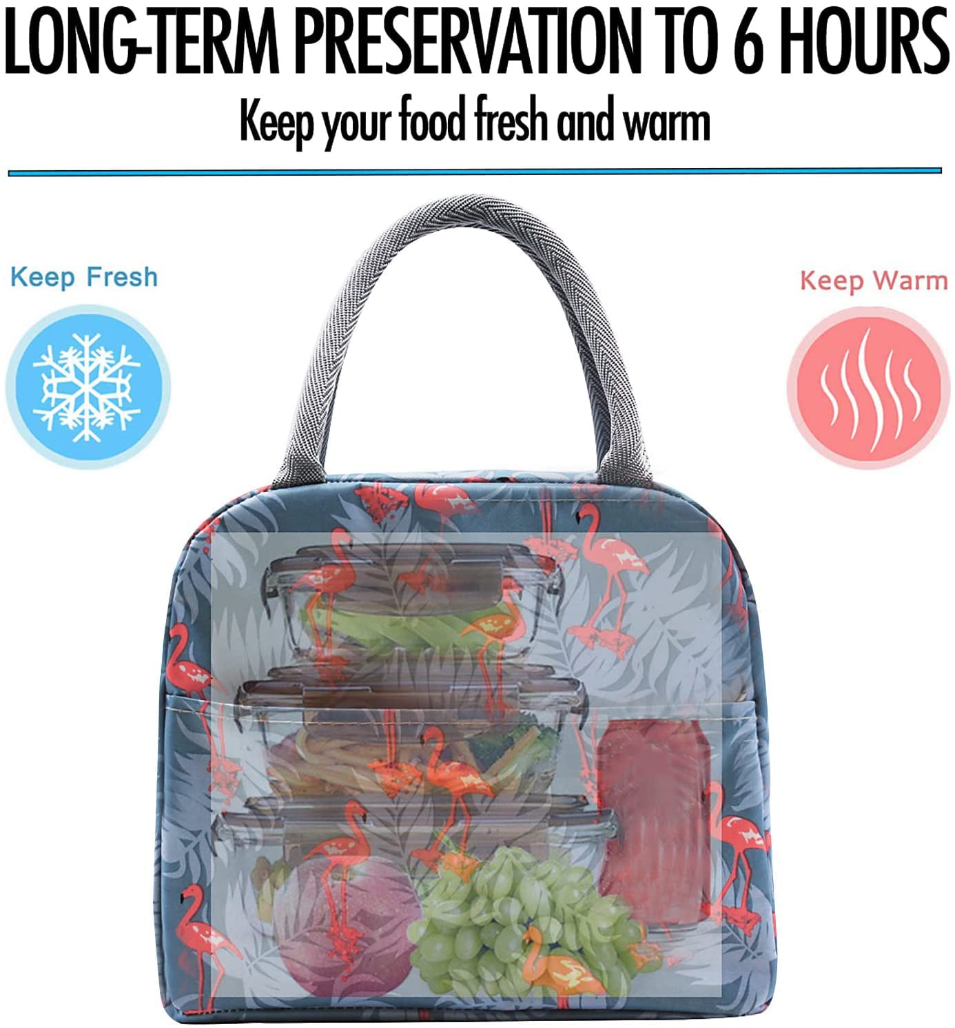 Mziart Insulated Lunch Bag for Women Men, Reusable Lunch Tote Lunch Box Organizer Cooler Bag with Front Pocket for Work Travel Picnic (Cute Flamingo)