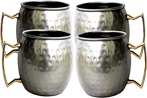 PARIJAT HANDICRAFT Set of 4 Stainless Steel Moscow Mule Mugs(Brass-Handle)
