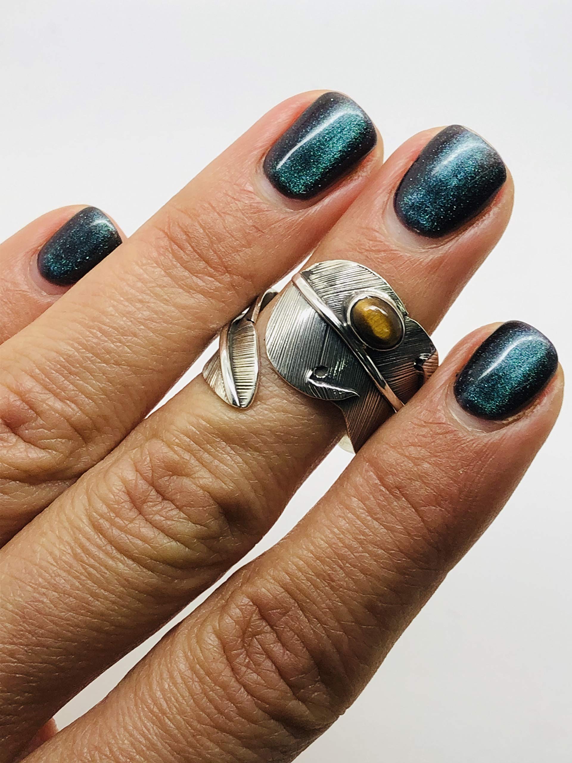 Koral Jewelry Tiger Eye Adjustable Tribal Feather Ring 925 Sterling Silver Gipsy Boho Chic (8)