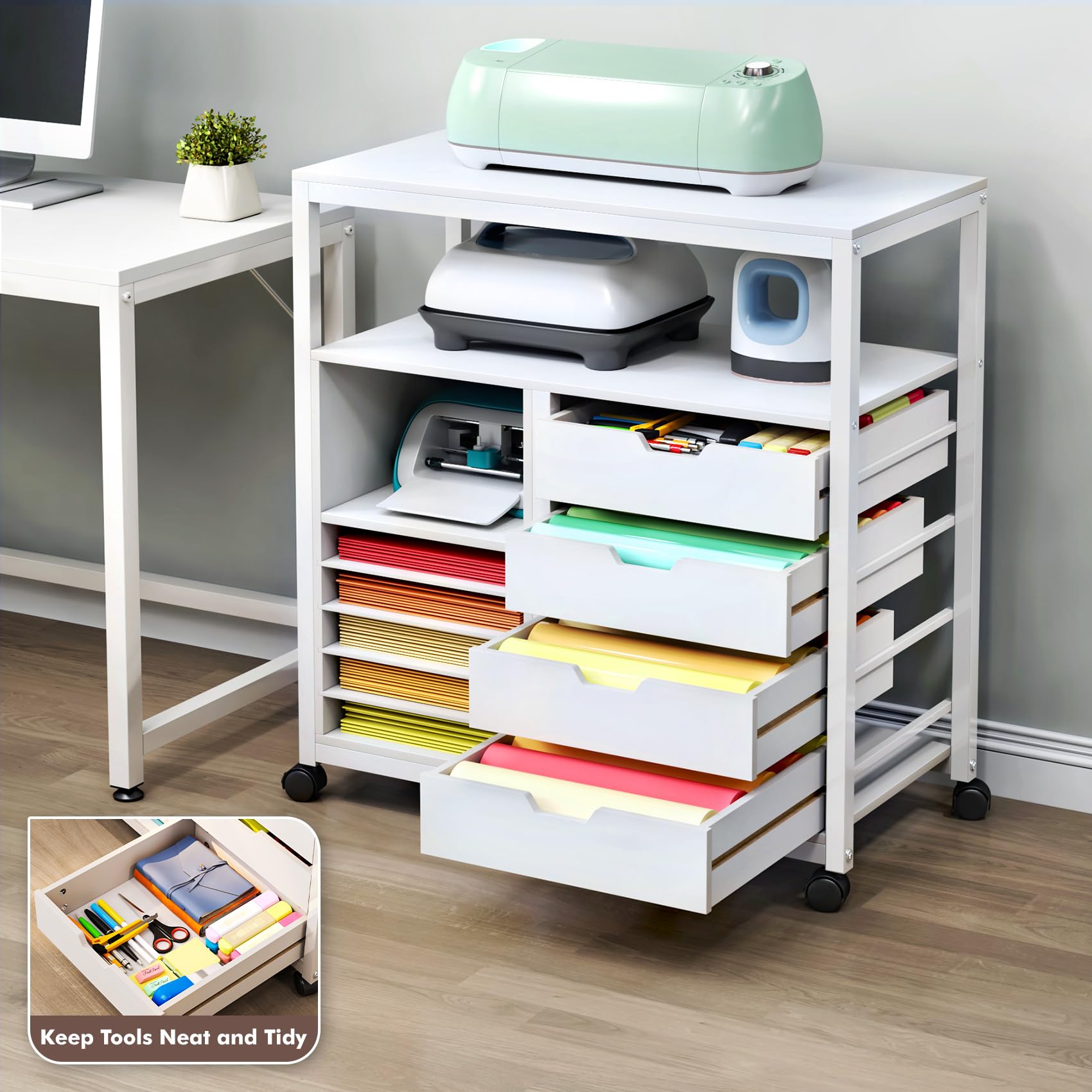 TC-HOMENY Craft Organizer Storage Cart, Rolling Cart Organizer, Vinyl Roll Holder and Cutting Machine Storage Cabinet, Craft Cart with Drawers for Craft Room Organizer 32" W x 16" D x 34" H