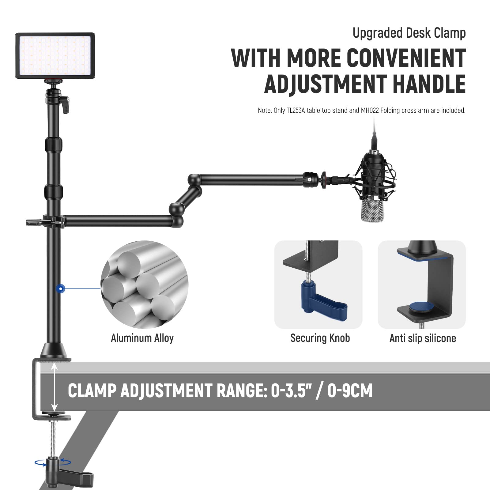 NEEWER Upgraded Tabletop Camera Mount Stand with 3 Section Flexible Arm, Overhead Height Adjustable Stand Mount with Phone Holder, Ball Head for DSLR Camera, Phone, LED Light, Webcam, TL253A+MH022