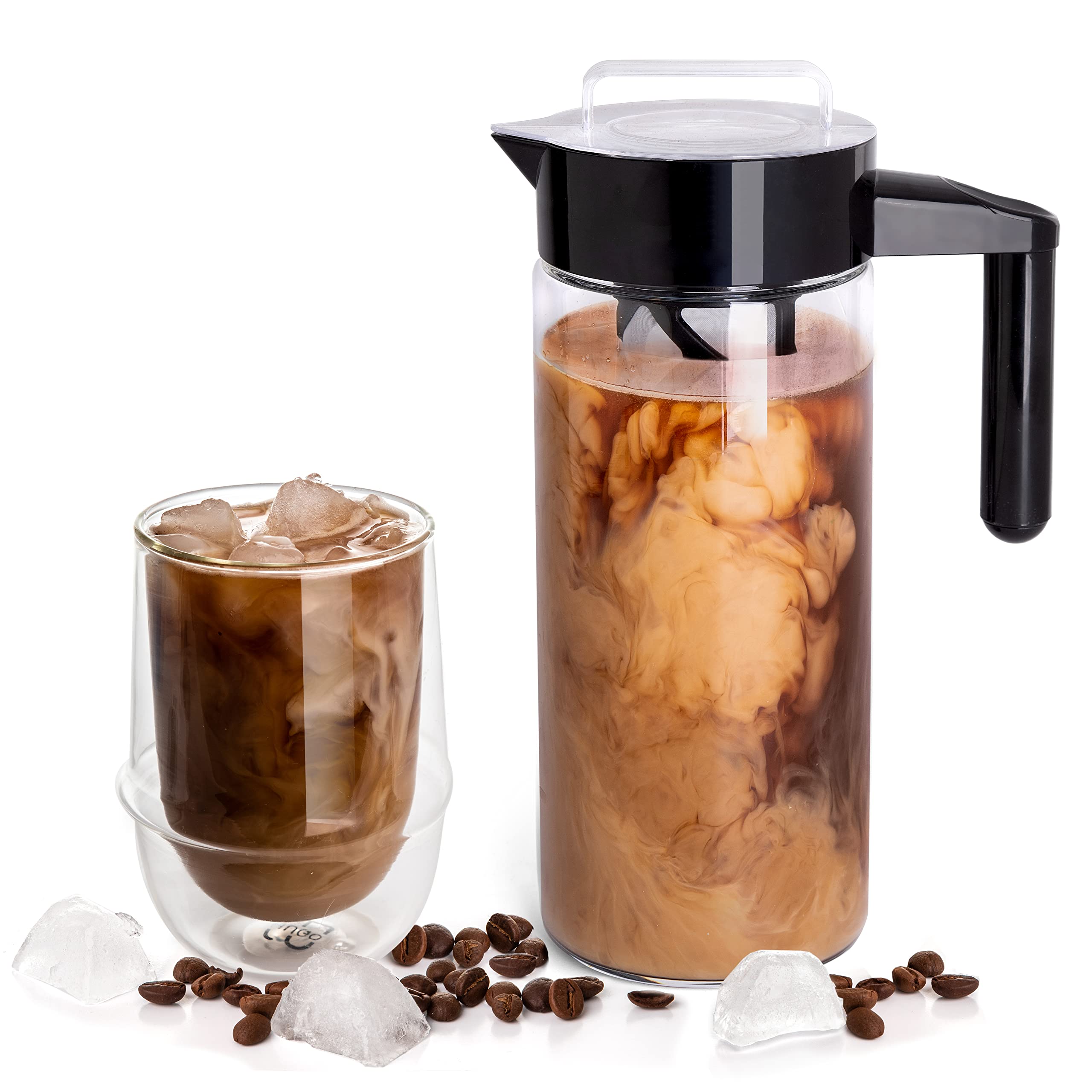 Mixpresso Cold Brew Maker For Iced Coffee and Iced Tea, Cold Coffee Maker Glass Pitcher, Tea Infuser For Loose Leaf Tea, 44oz Large Ice Tea Brewer with Easy to Clean Reusable Mesh Filter.