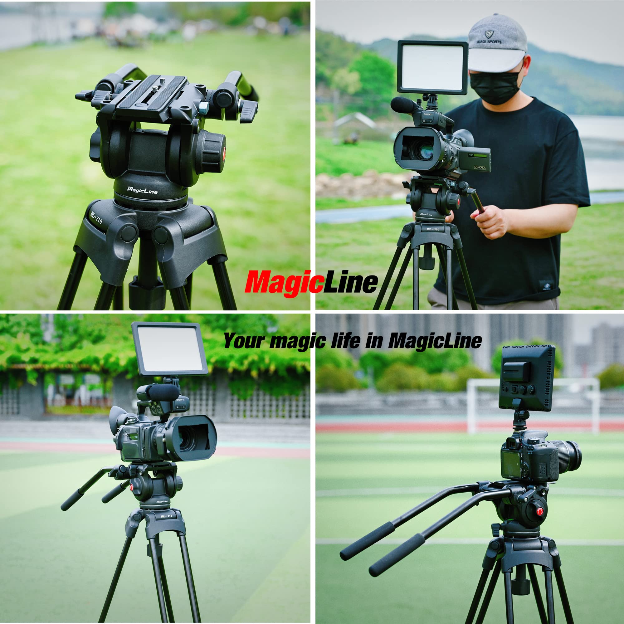 MagicLine 65.7 inch Heavy Duty Aluminum Video Camera Tripod with Fluid Head, 2 Pan Bar Handles, Adjustable Mid-Level Spreader,QR Plate, Max Load 26.5 LB for Canon Nikon Sony DSLR Camcorder Cameras