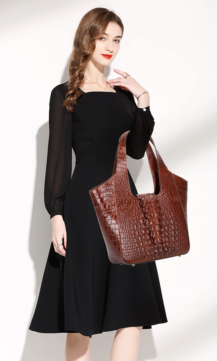 PIJUSHI Designer Hobo Bag for Women Crocodile Leather Shoulder Purse(66315 Brown)
