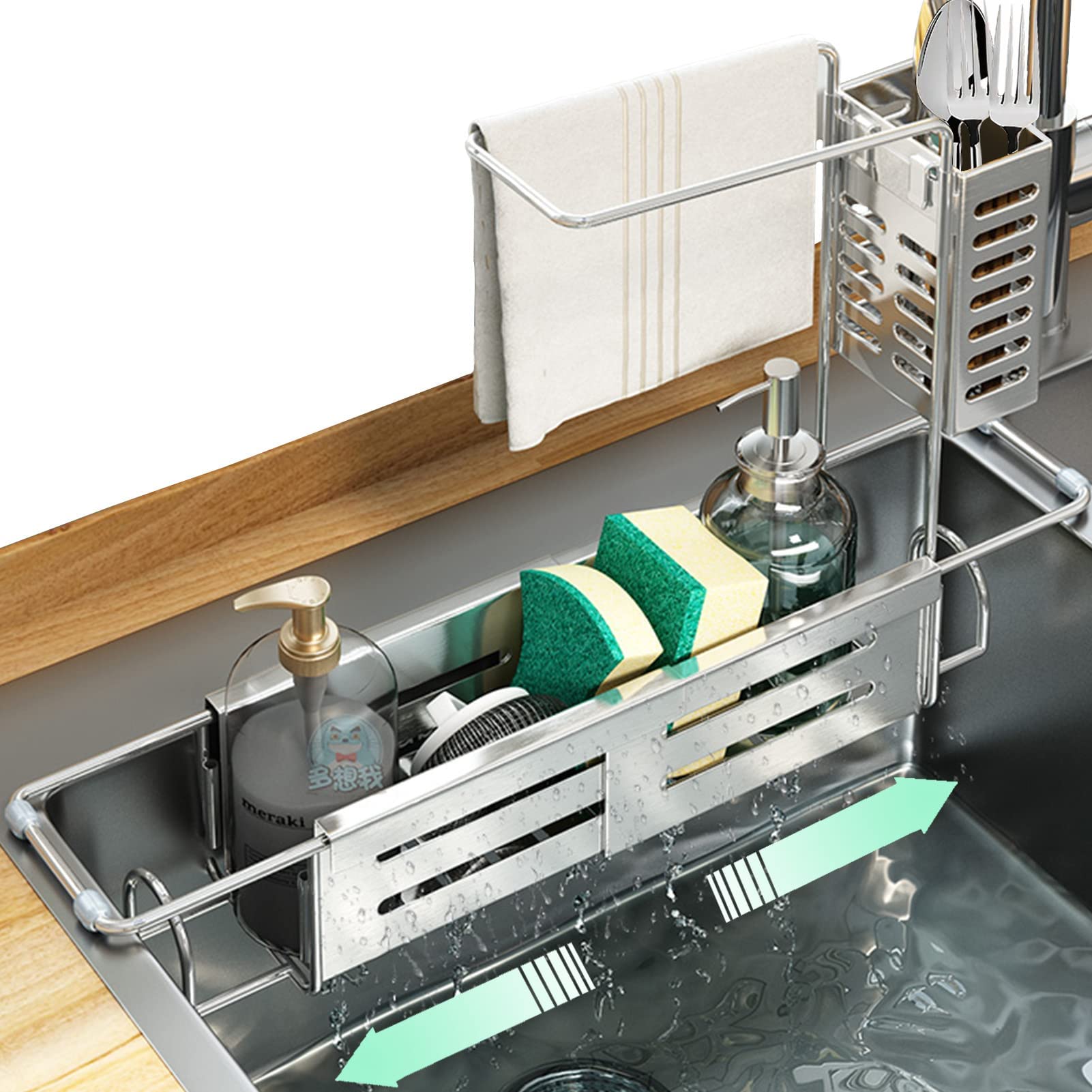 ParkNbuy Expandable Kitchen Sink Caddy Sponge Holder,Stainless Steel Telescopic Sink Storage Rack,Over Sink Adjustable Sponge Holder for Kitchen Sink with Dishcloth Towel Rack,Black