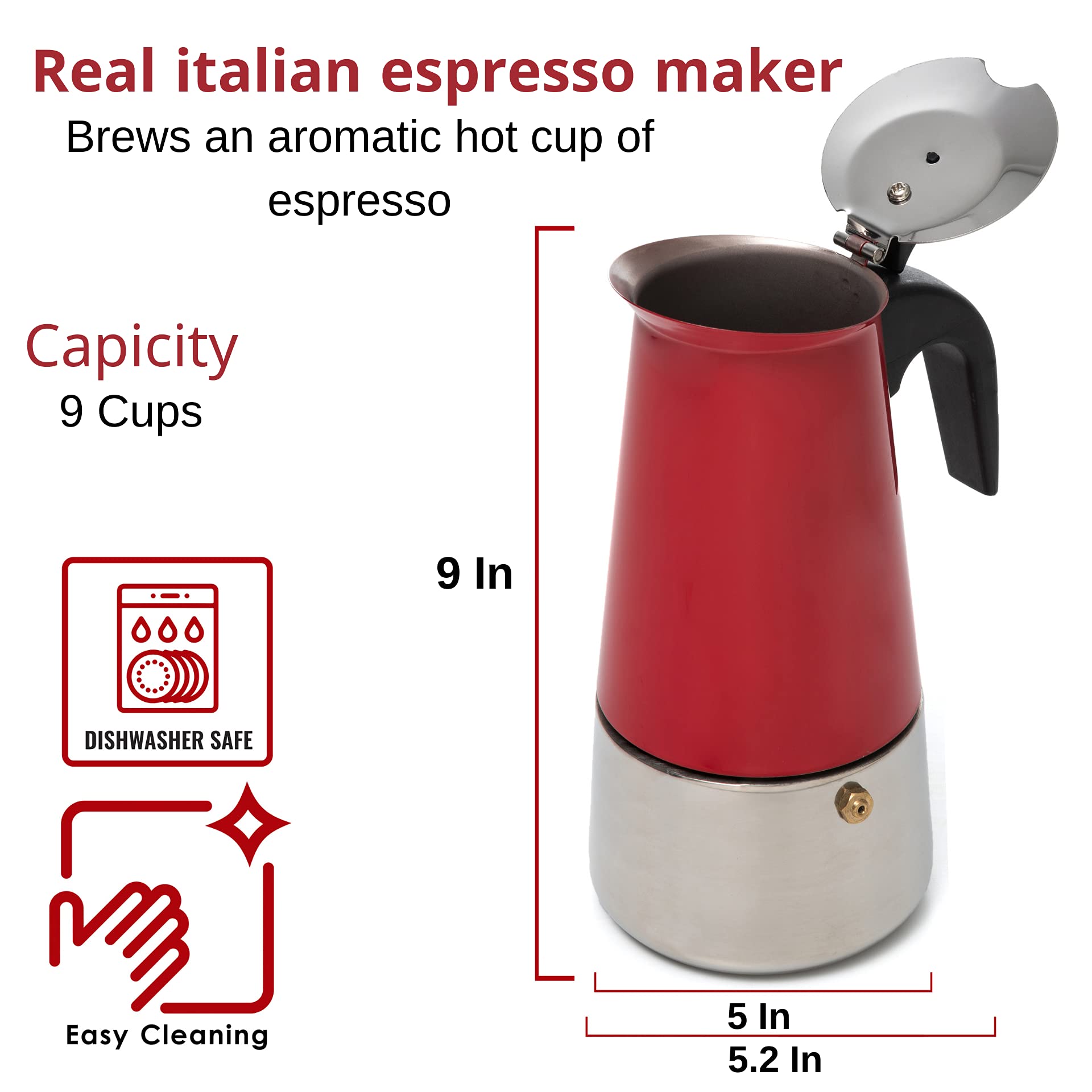 Mixpresso Stovetop Espresso Coffee Maker 15oz/9 Espresso Cup, Moka Coffee Pot with Coffee Percolator Design, Stainless Steel Stovetop Espresso Maker, Italian Coffee Maker, Red Coffee Maker