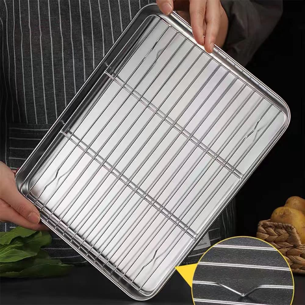 N&S AMOCWJ Food Grade Cookie Sheet with Wire Rack, Half Baking Pan for Oven Cooking, Stainless Steel Rimmed Tray Cooling Roasting Broiling Bacon Meat Steak - Dishwasher Safe (XL), Silver