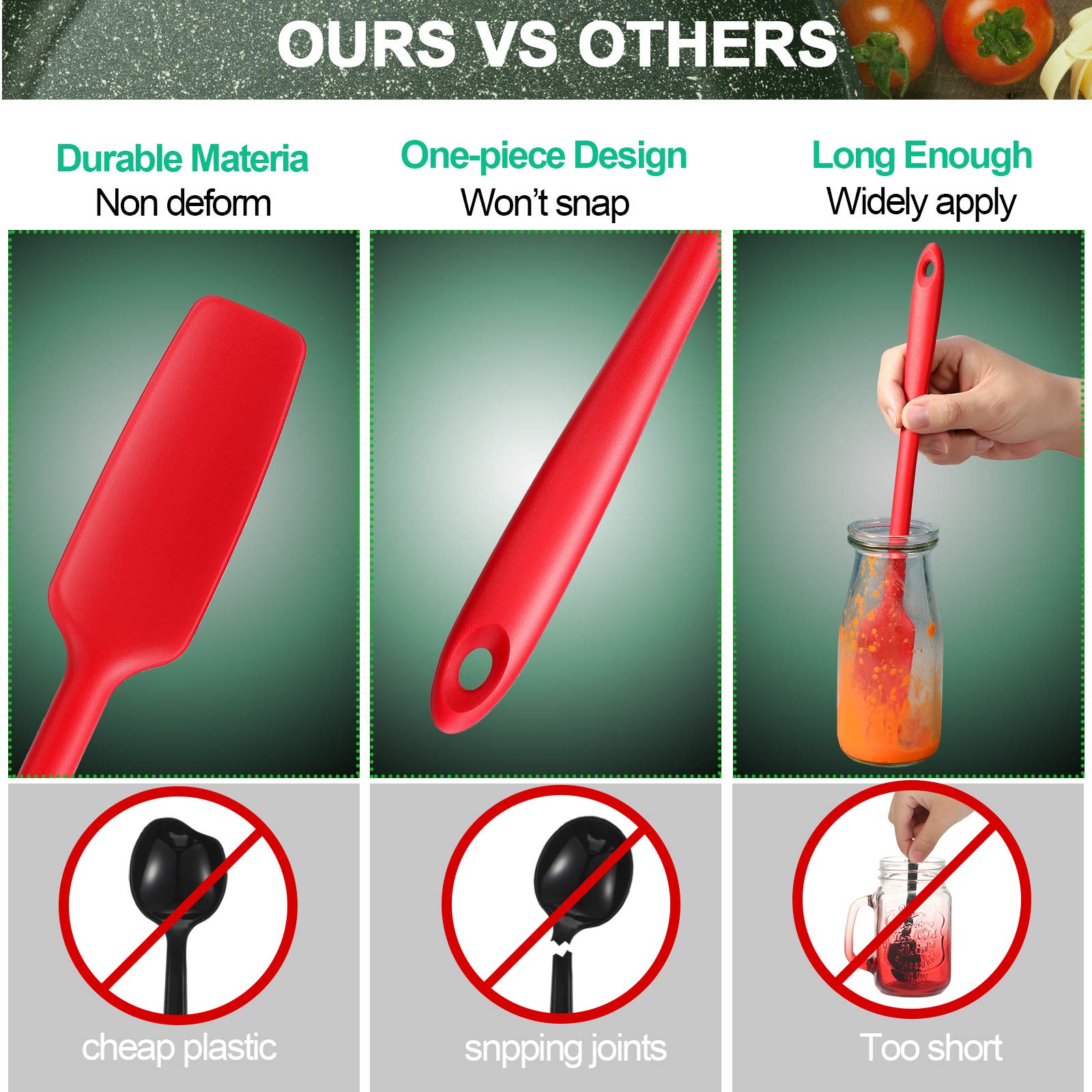Patelai 3 Pieces Silicone Jar Spatula Long Handle Rubber Spatula Heat Resistant Non-Stick Silicone Scraper Kitchen Silicone Spatula with Stainless Steel Core for Baking (Red, Black, Light Green)
