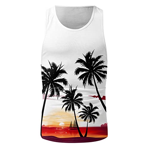 Kaniem Mens Tank Top Summer Coconut Tree Print Sleeveless T-Shirt Hawaii Tropical Beach Sleeveless Tees (Z012 White, XL)